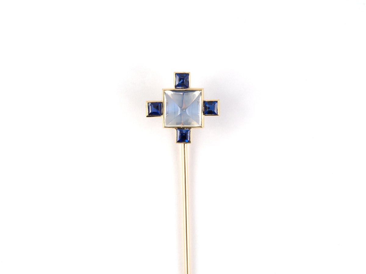31364 - Art Deco Gold Ornament Moonstone Sapphire Cluster Stick Pin ...