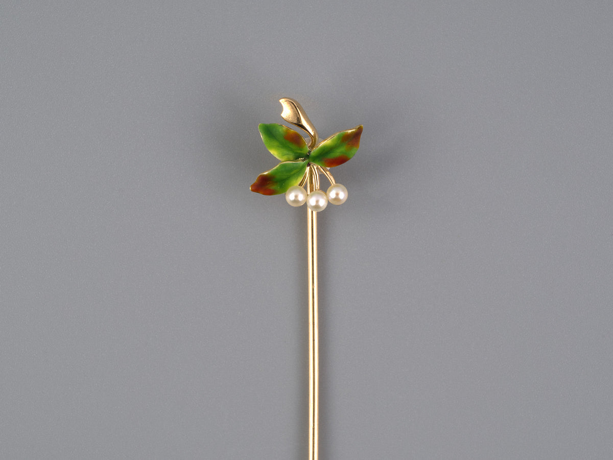 31365 - Victorian Gold Pearl Red Green Enamel Leaf Floral Stick Pin ...